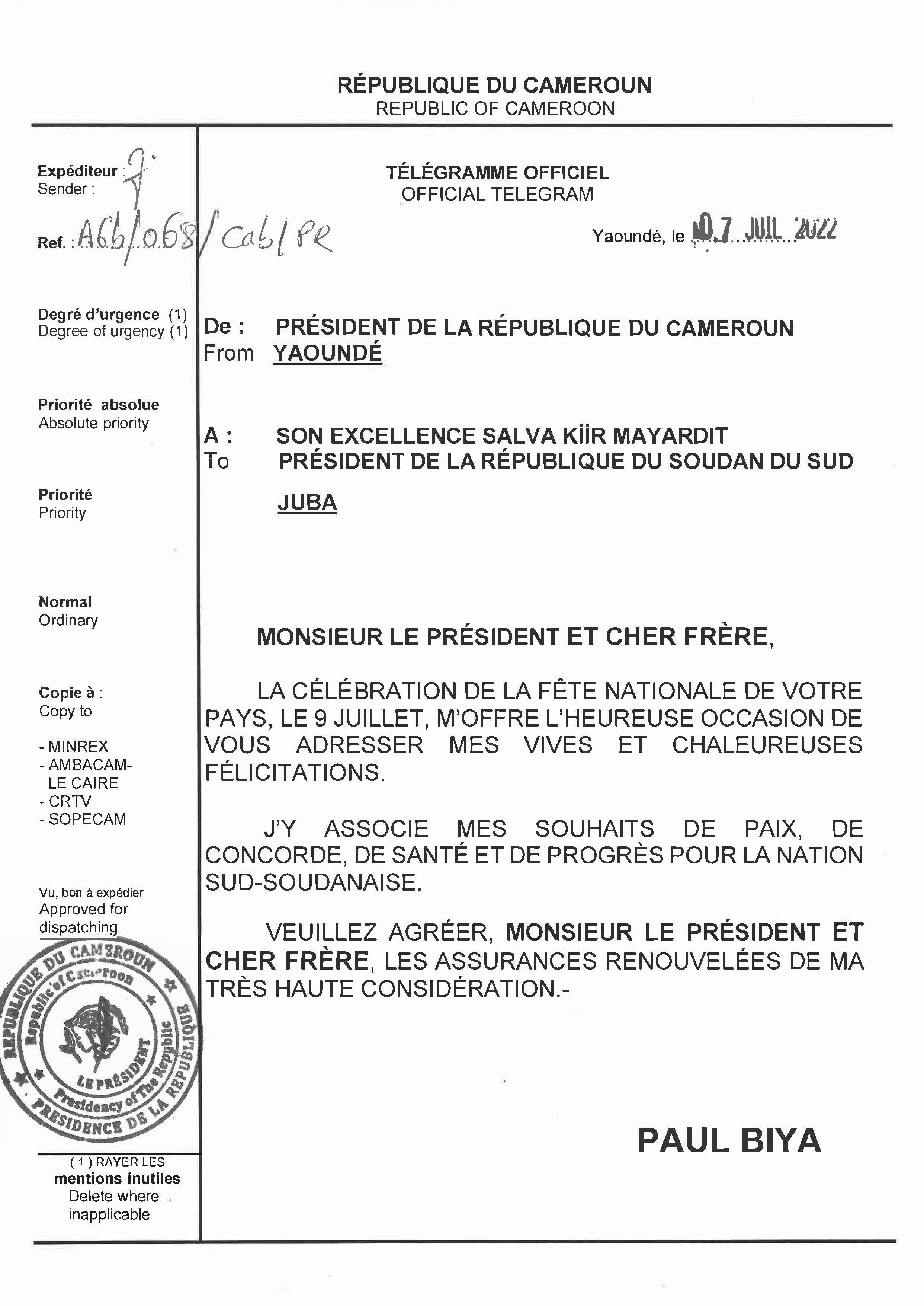 Message de félicitations du Chef de l’Etat à S.E. Salva Kiir Mayardit, à l'occasion de la fête ...